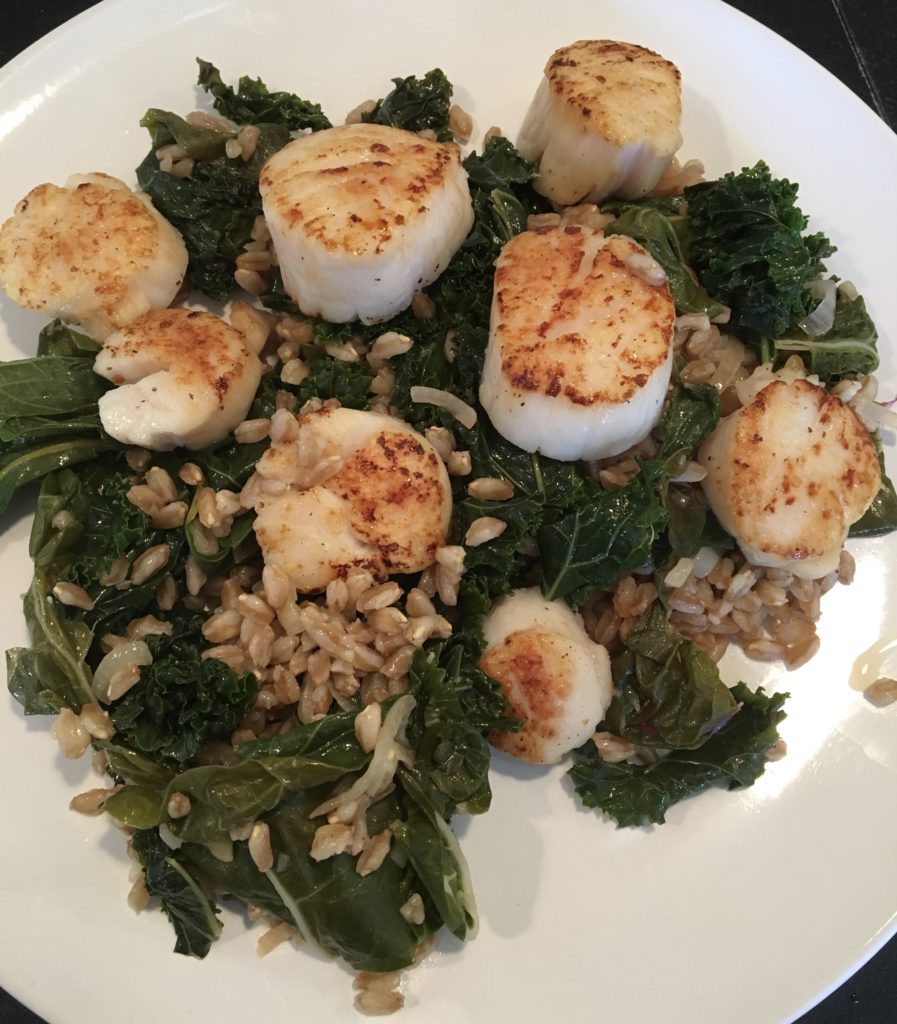 Seared Scallops with Sautéed Mixed Greens and Farro - Fueled By Flavor